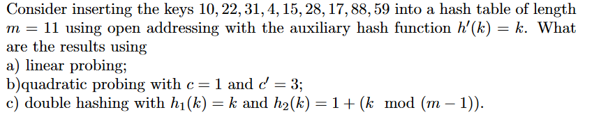 Solved Consider inserting the keys 10, 22, 31, 4, 15, 28, | Chegg.com
