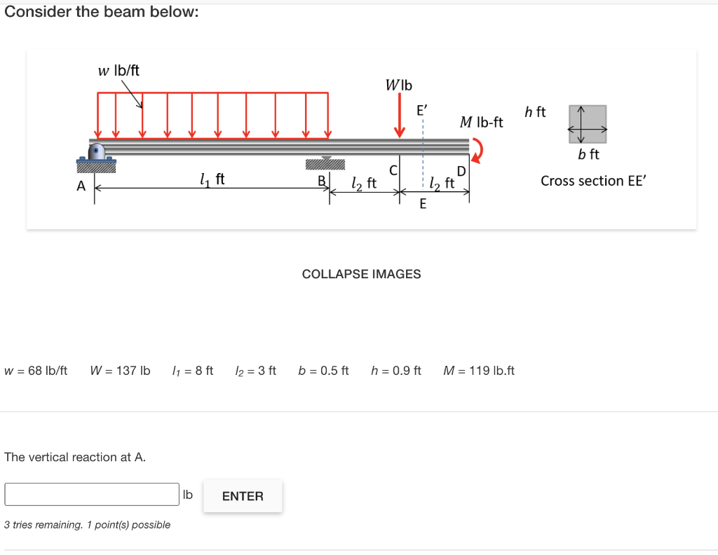 Solved Consider the beam below: w lb/ft Wlb E' h ft M lb-ft | Chegg.com