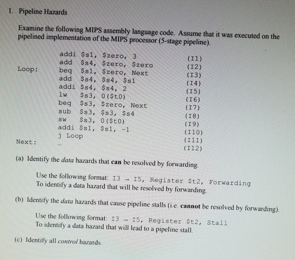 Solved 1. Pipeline Hazards Examine the following MIPS | Chegg.com