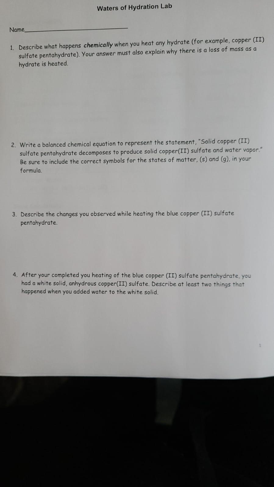 Solved Waters of Hydration Lab Name 1. Describe what happens | Chegg.com