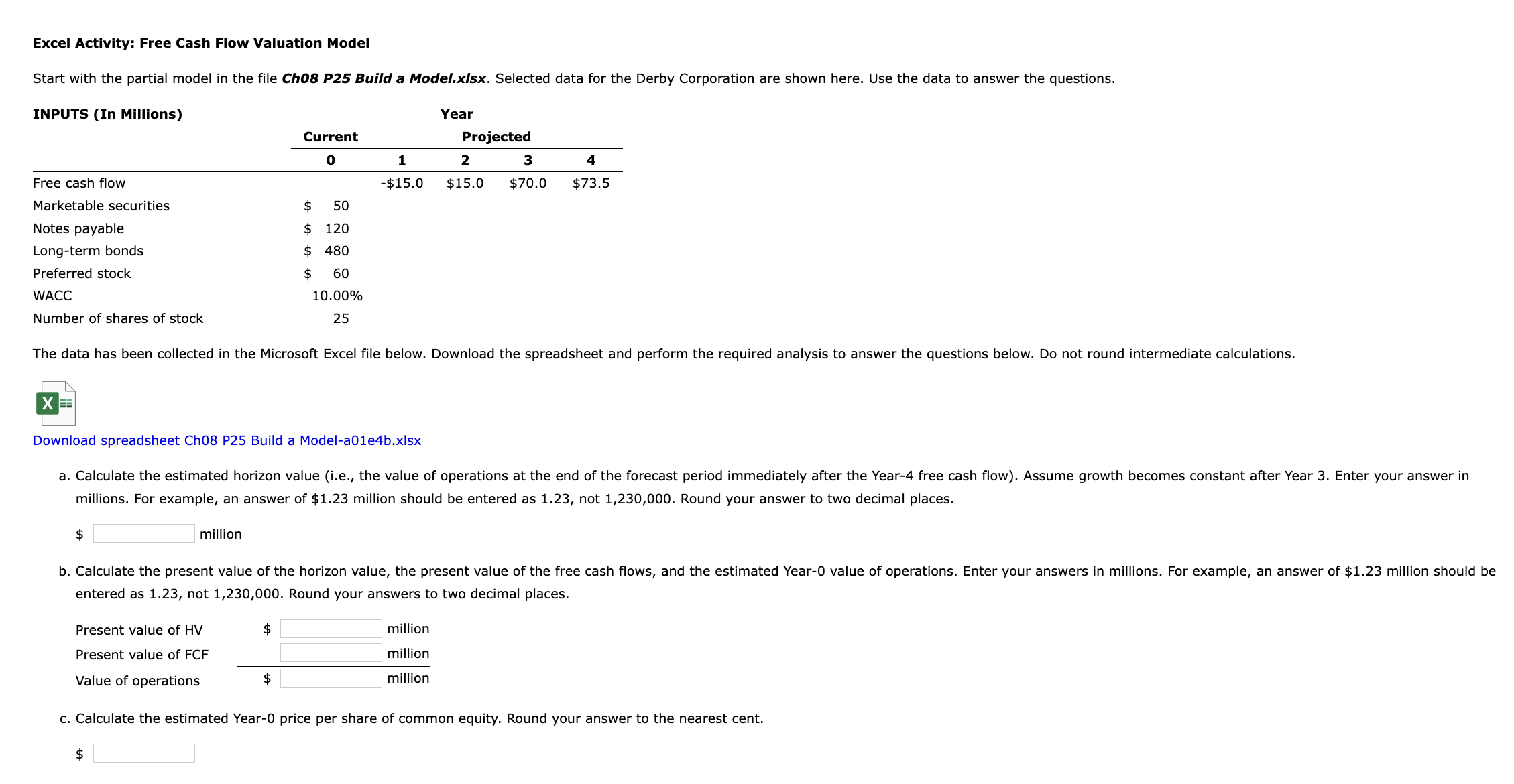 Solved Excel Activity: Free Cash Flow Valuation Model a. | Chegg.com