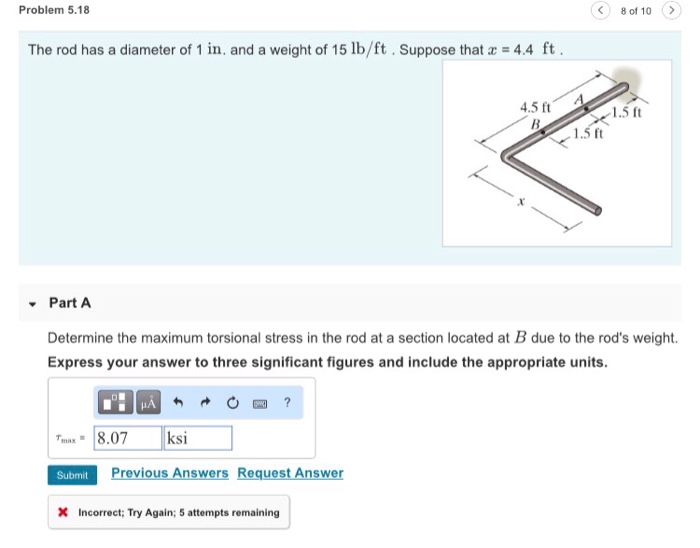 Solved Problem 5.18 8 of 10 The rod has a diameter of 1 in, | Chegg.com