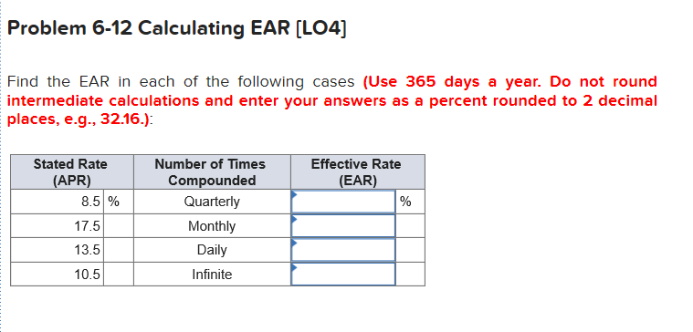 Solved Problem 6-12 Calculating EAR (L04] Find the EAR in | Chegg.com