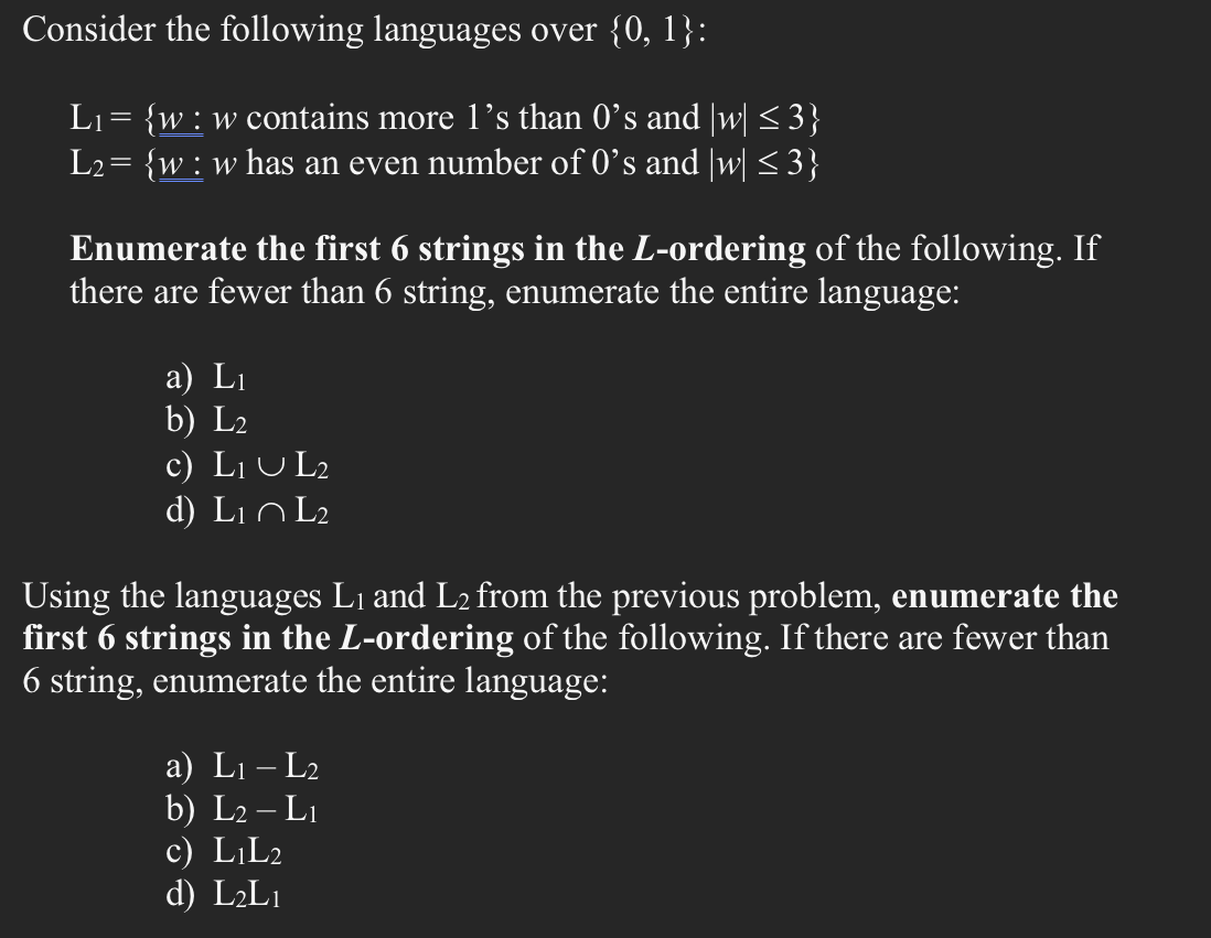 Solved Consider the following languages over {0,1} ﻿: | Chegg.com
