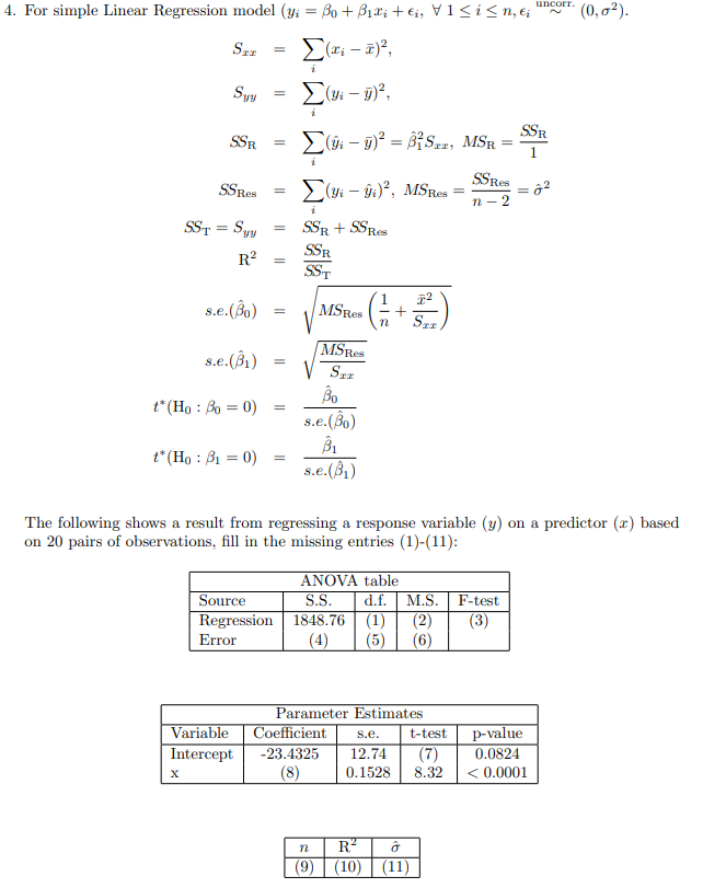 Solved For simple Linear Regression model | Chegg.com