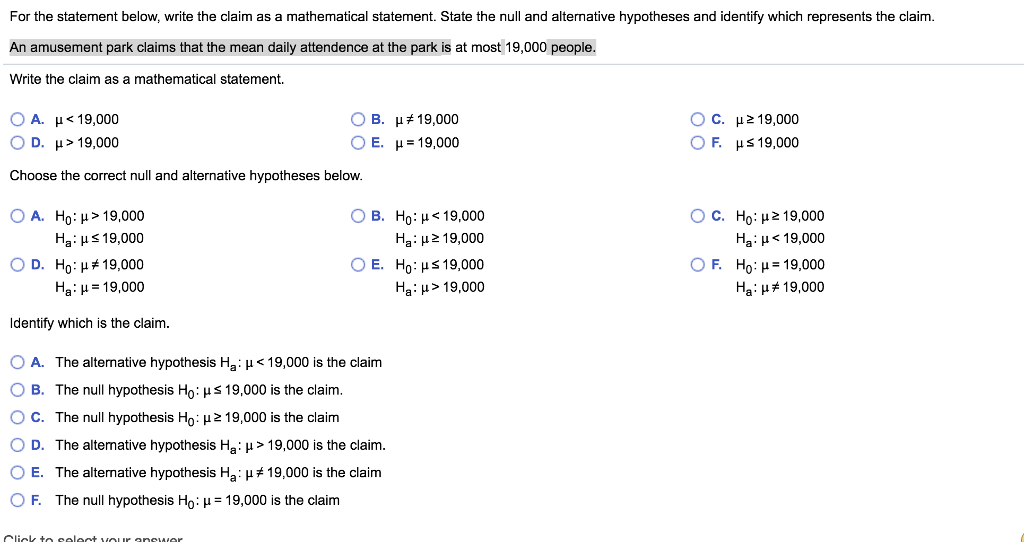 Solved For the statement? below, write the claim as a | Chegg.com