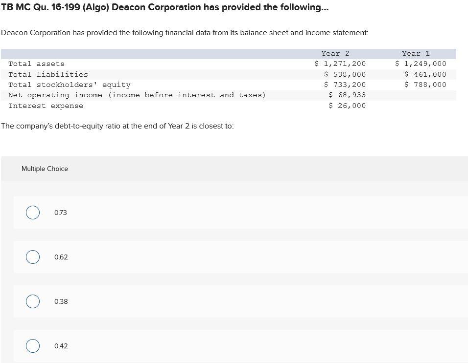 Solved TB MC Qu. 16-199 (Algo) Deacon Corporation has | Chegg.com Solved TB MC Qu. 16-199 (Algo) Deacon Corporation has | Chegg.com