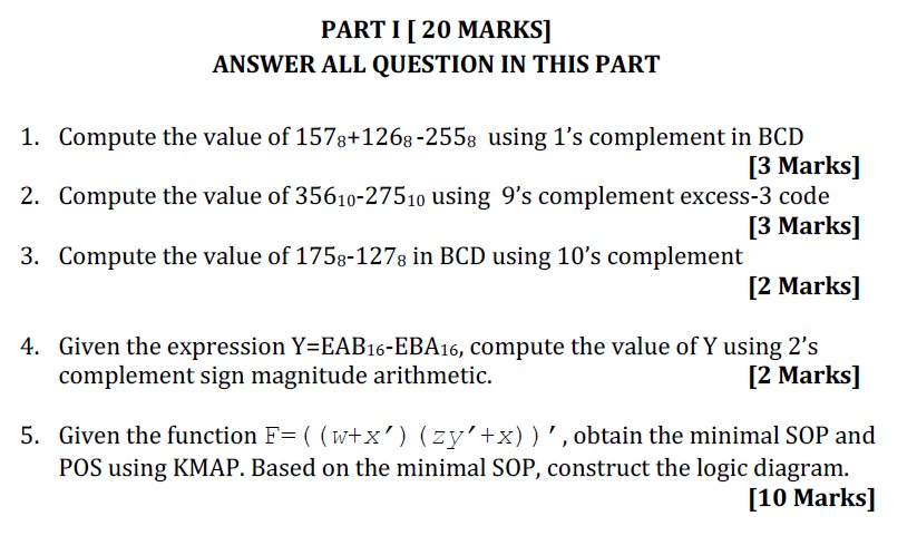 Solved PART I [ 20 MARKS] ANSWER ALL QUESTION IN THIS PART | Chegg.com