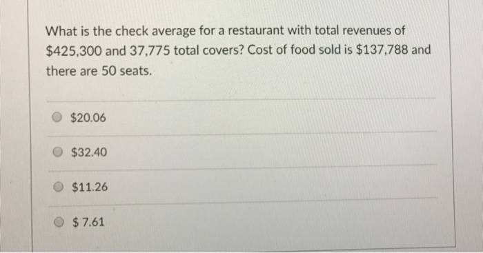 Solved What is the check average for a restaurant with total | Chegg.com
