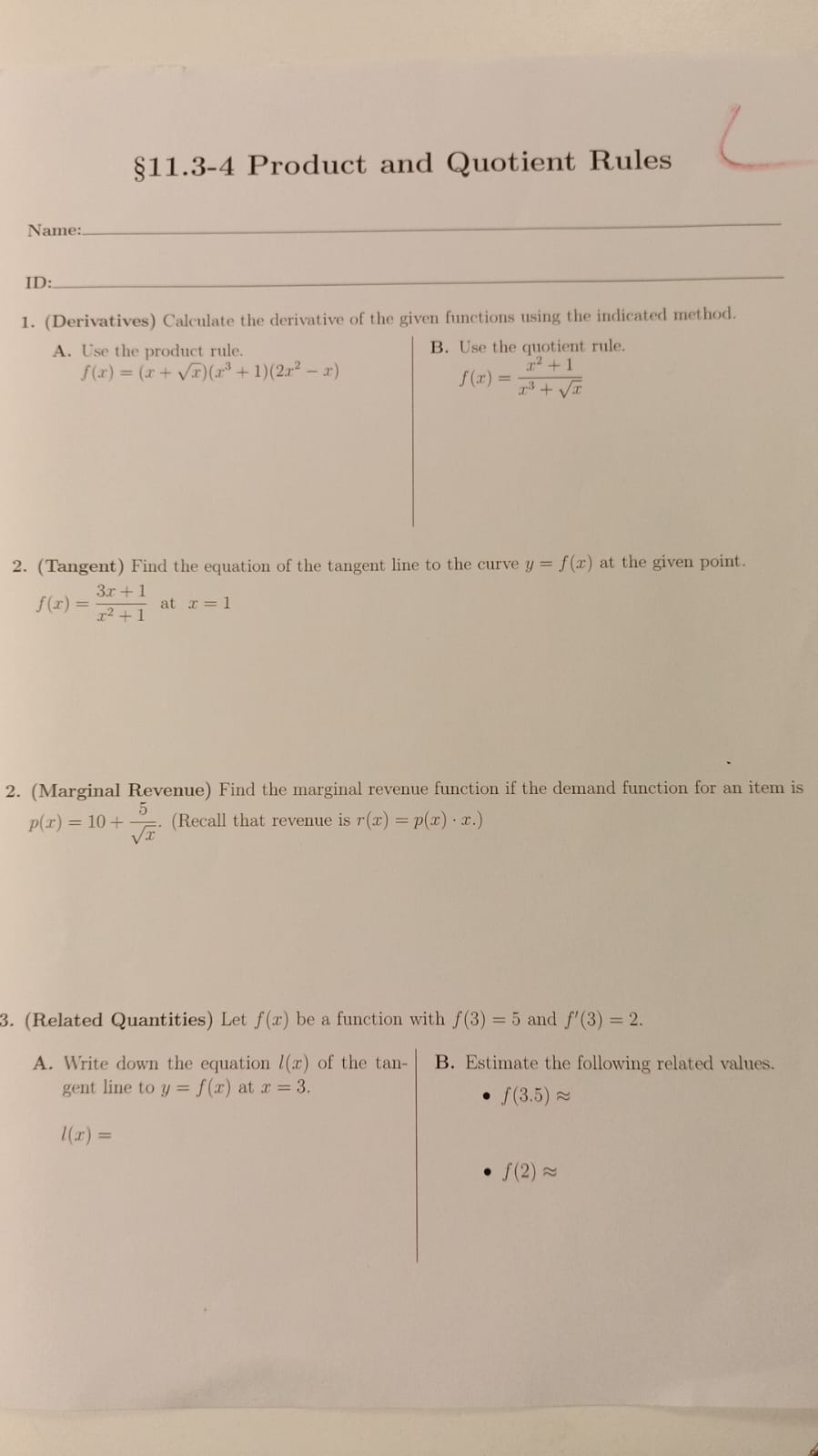 Solved Name:ID:(Derivatives) ﻿Calculate the derivative of | Chegg.com