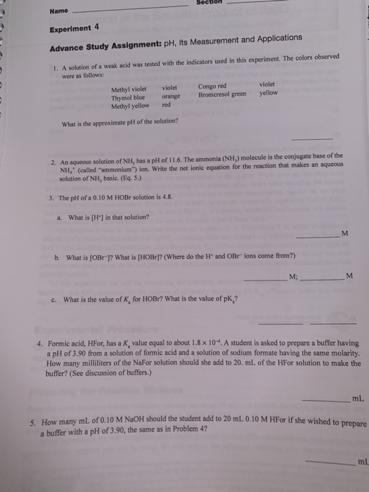 Solved Name Experiment 4 Advance Study Assignment: pH, Its | Chegg.com