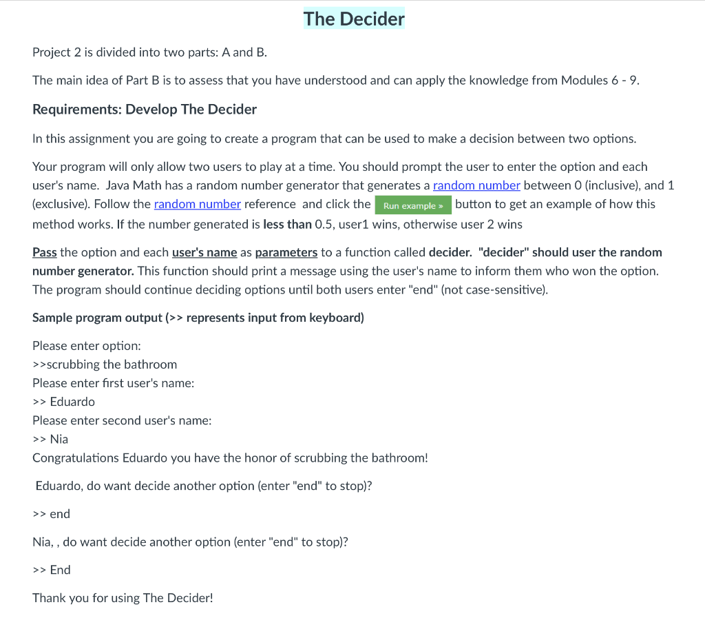Solved The Decider Project 2 is divided into two parts: A | Chegg.com