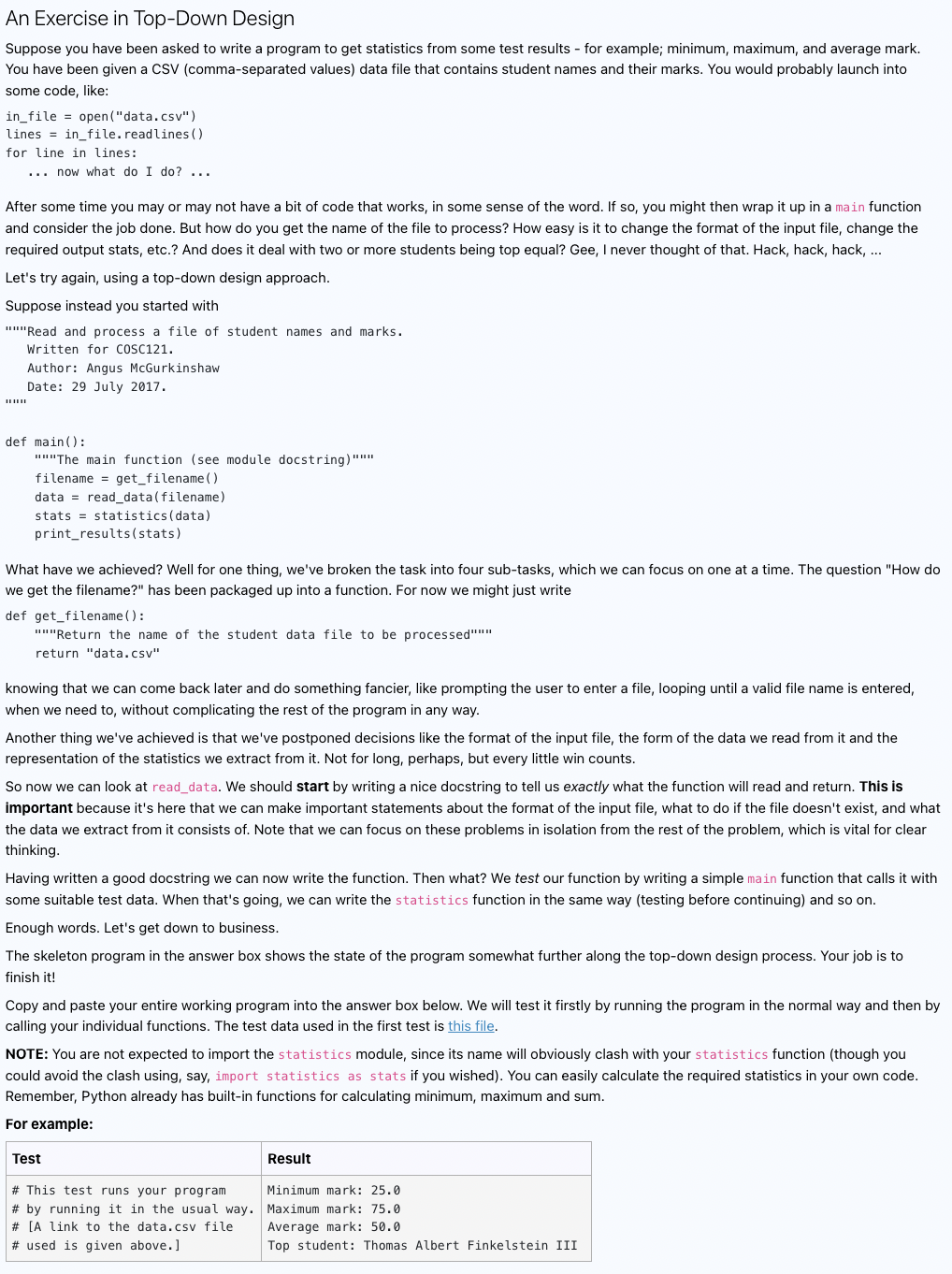 Solved An Exercise in Top-Down Design Suppose you have been | Chegg.com