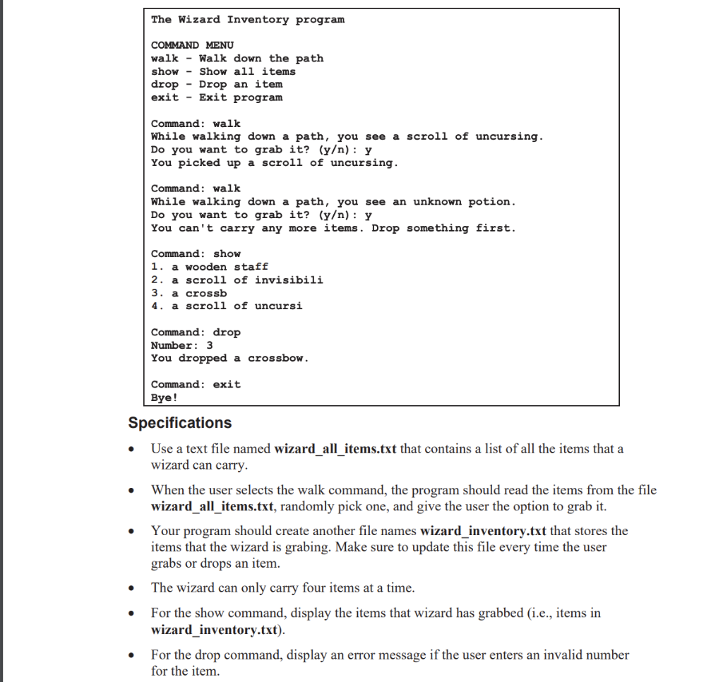 Solved The Wizard Inventory program COMMAND MENU walk - Walk | Chegg.com