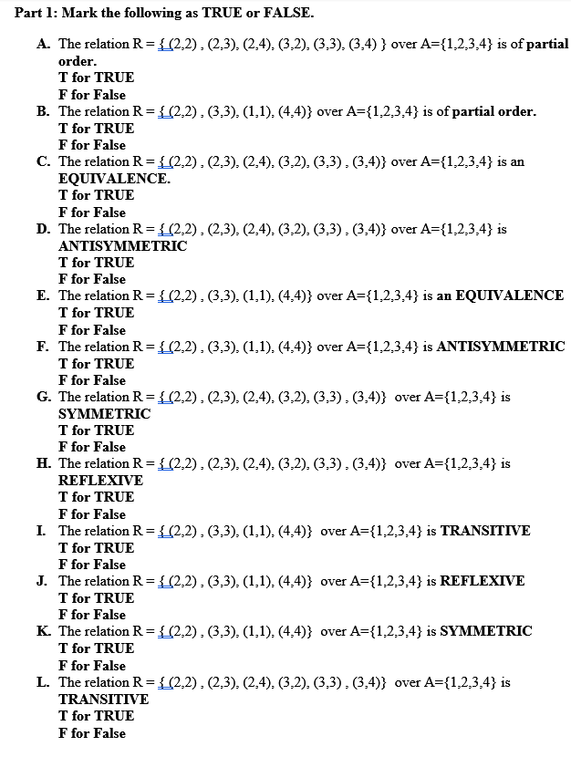 Solved Part 1: Mark the following as TRUE or FALSE A. The | Chegg.com