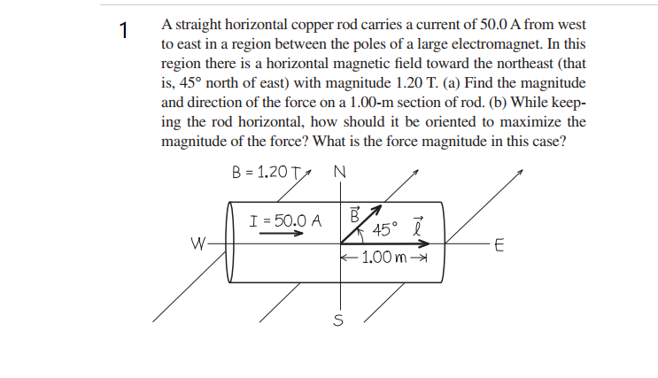 Solved 1 A straight horizontal copper rod carries a current | Chegg.com