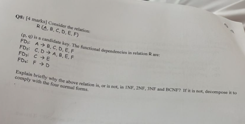 Solved Q8: (4 marks] Consider the relation: R (A, B, C, D, | Chegg.com