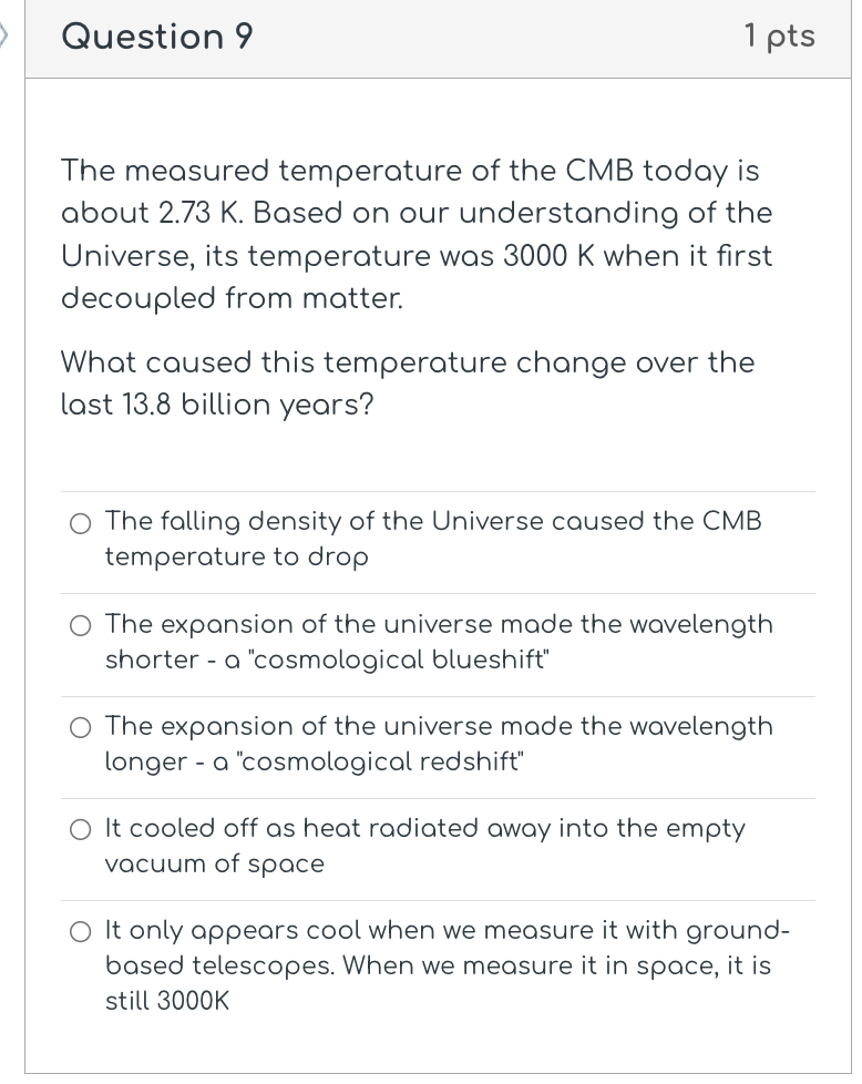 Solved Question 9The measured temperature of the CMB today | Chegg.com