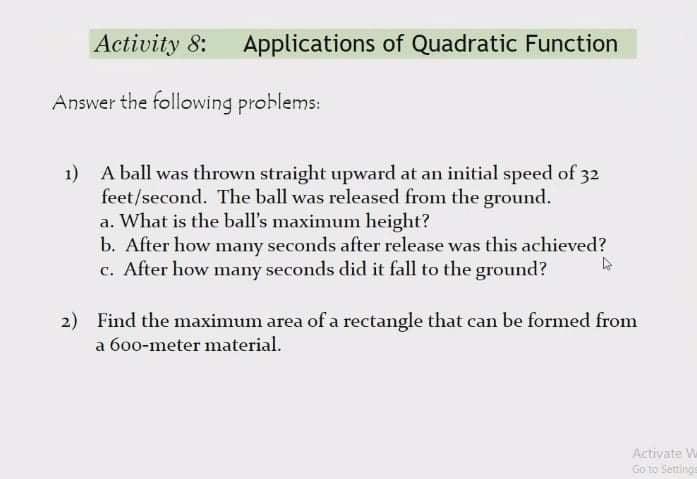 Solved Activity 8: Applications of Quadratic Function Answer | Chegg.com