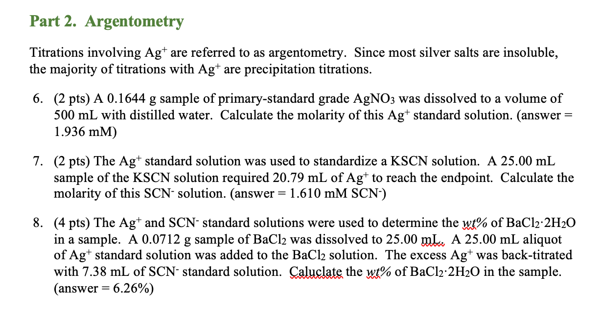 Solved Part 2. Argentometry Titrations involving Agt are | Chegg.com