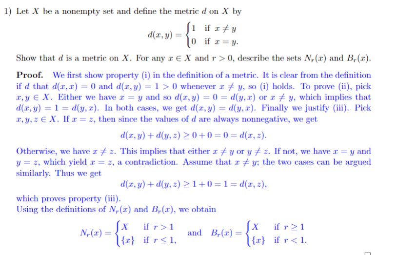 Solved 1) Let X be a nonempty set and define the metric d on | Chegg.com