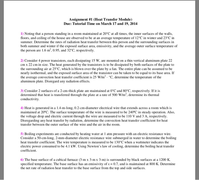 Solved Assignment #1 (Heat Transfer Module) Due: Tutorial | Chegg.com