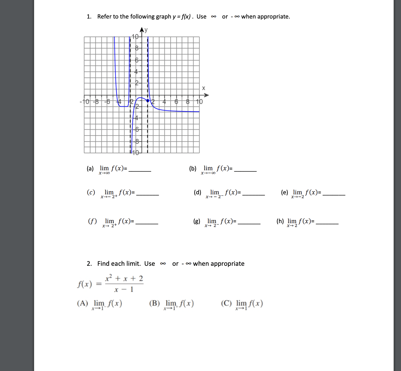 Solved 1. Refer to the following graph y=f(x). Use ∞ or −∞ | Chegg.com