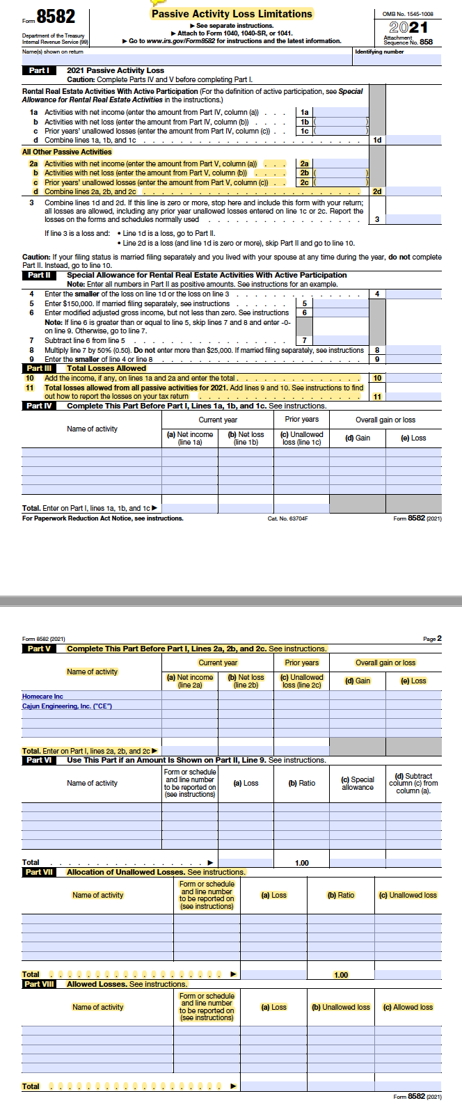 HOW TO FILL OUT FORM 8582 and SCHEDULE E OF 2021 | Chegg.com