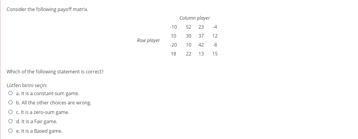 Solved Consider the following payoff matrix. Column player | Chegg.com
