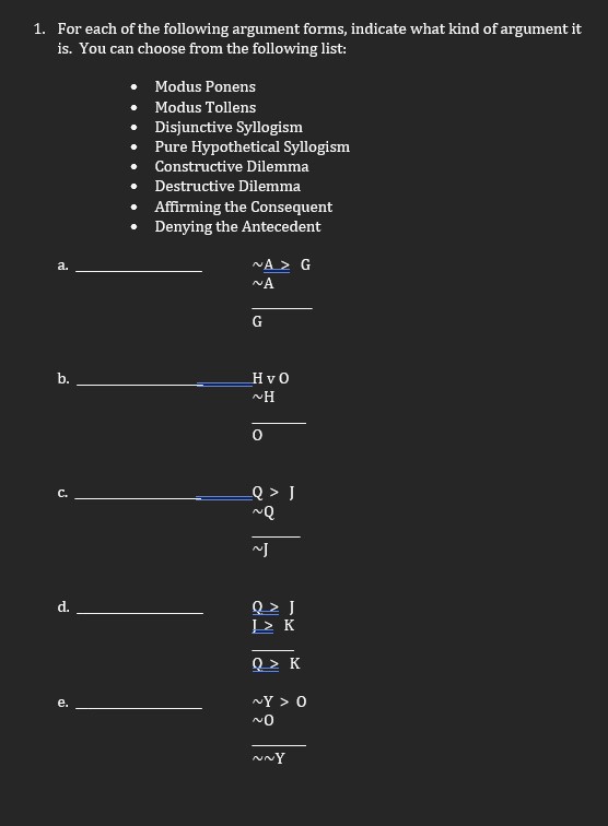 Solved For Each Of The Following Argument Forms Indicate