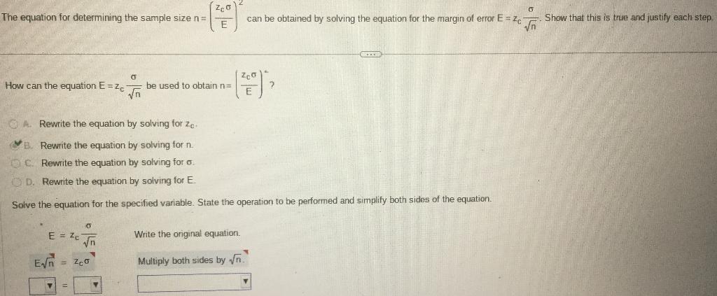 Solved The equation for determining the sample size | Chegg.com