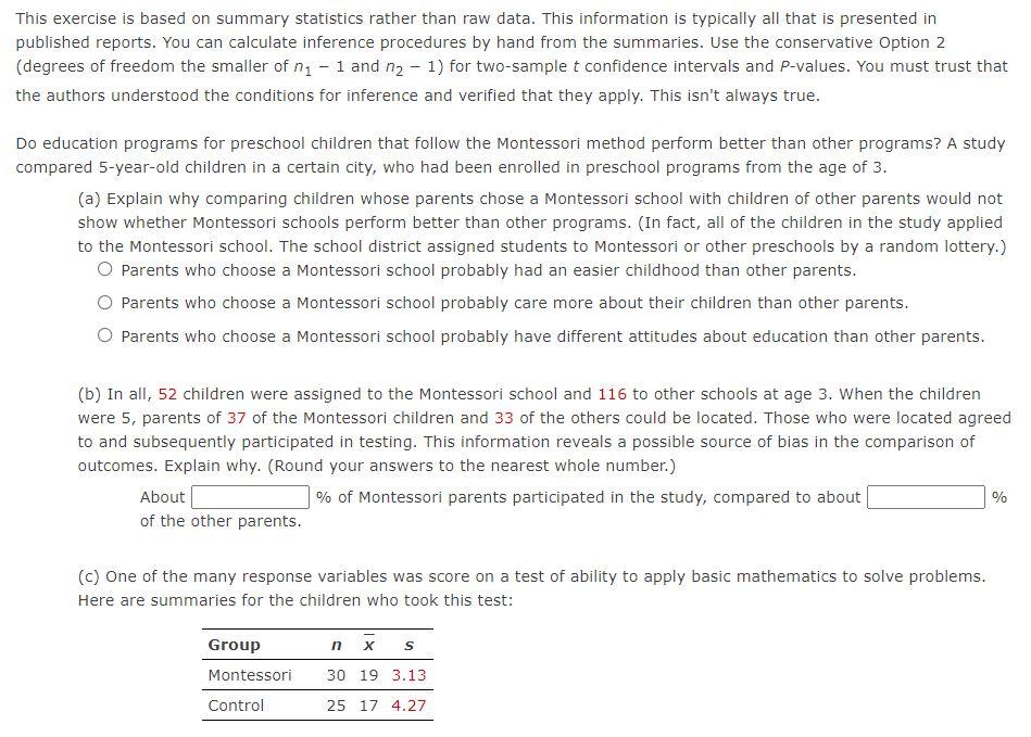 Solved This exercise is based on summary statistics rather | Chegg.com