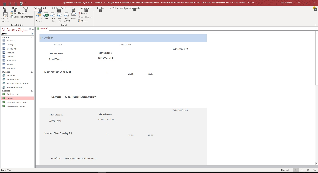 Using the “oneOrder” query, build a report to display | Chegg.com
