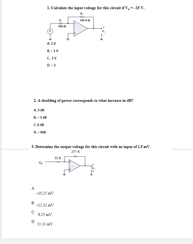 Solved A. 1 V B.- 1 V C. 2 V D.-2 2. A doubling of power | Chegg.com