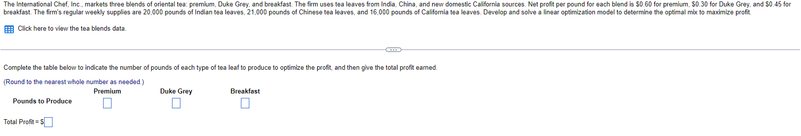 Solved Click here to view the tea blends data. Complete the | Chegg.com