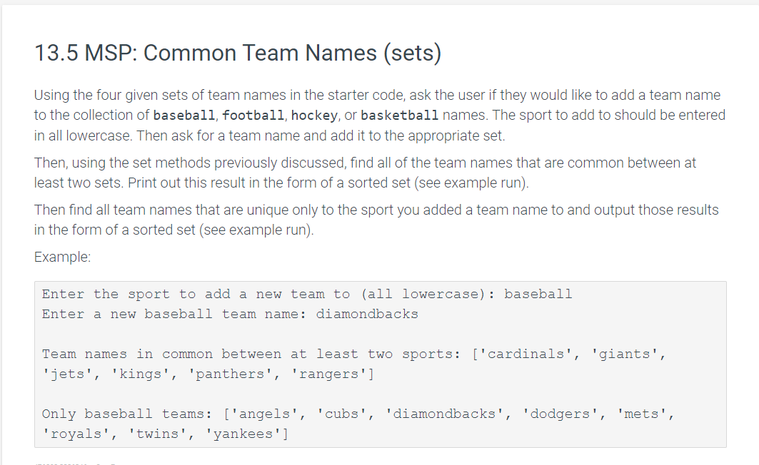 Solved 13.5 MSP: Common Team Names (sets) Using the four | Chegg.com