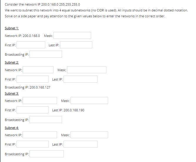 Solved Consider the network IP 200.0.168.0 255.255.255.0 We | Chegg.com