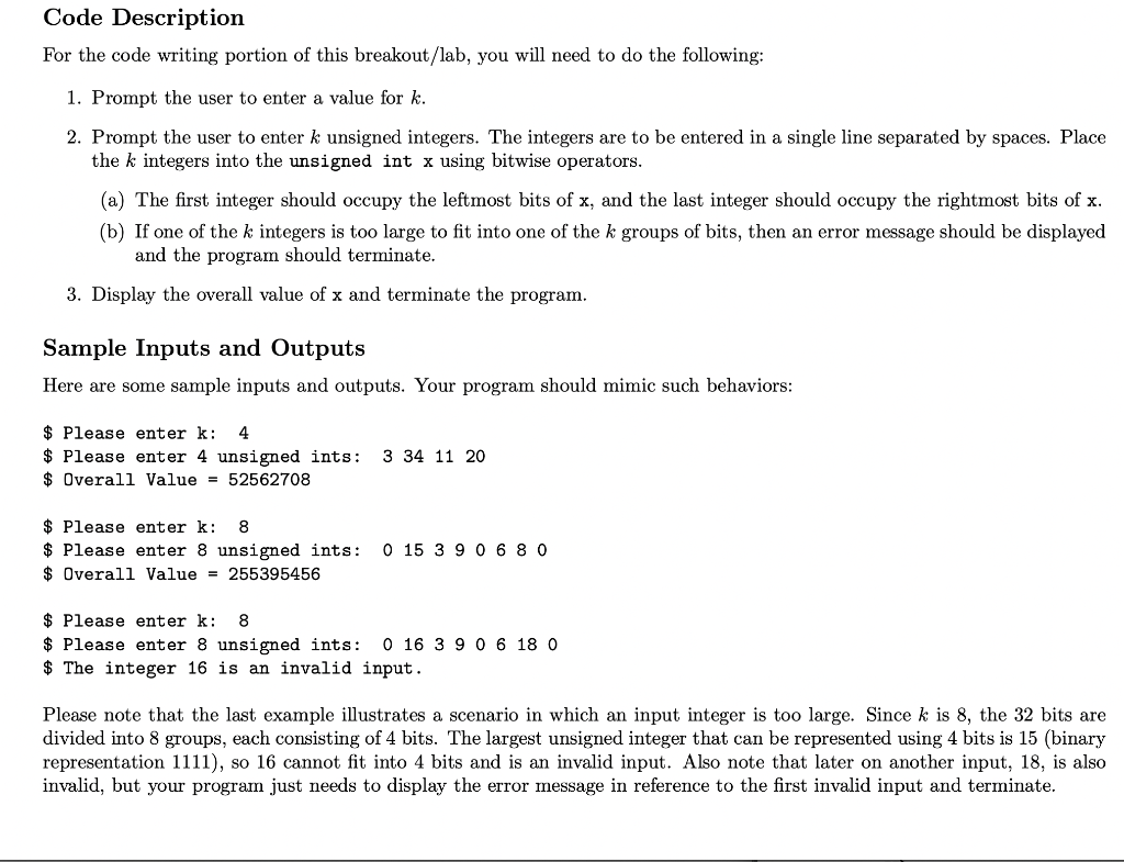 Solved Code Description For the code writing portion of this | Chegg.com