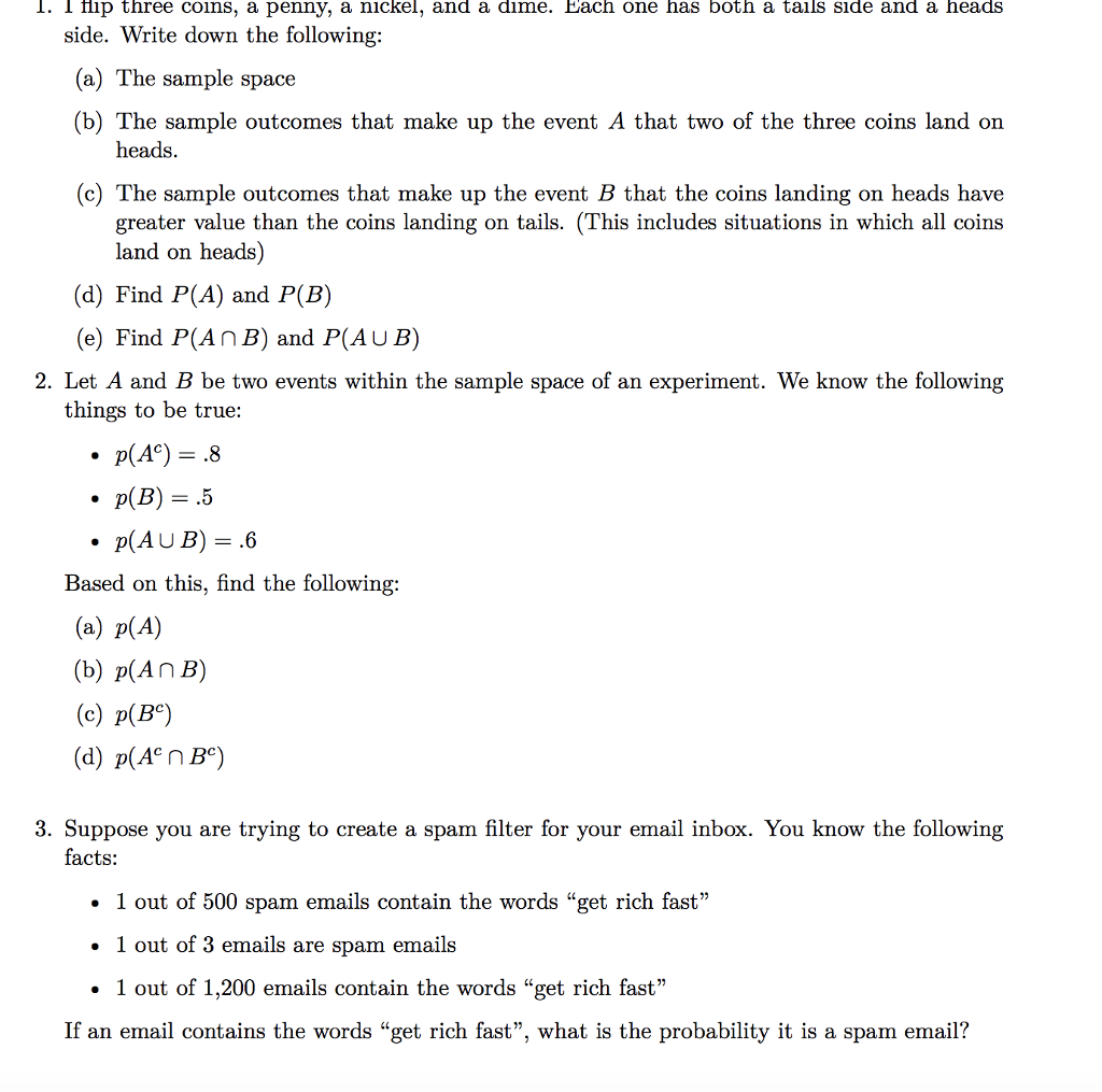 Solved 1. 「fip three coins, a penny, a nickel, and a dime. | Chegg.com