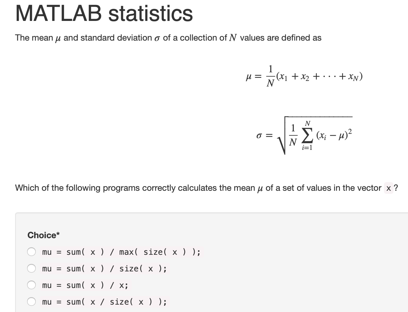 Solved MATLAB statistics The mean u and standard deviation o | Chegg.com