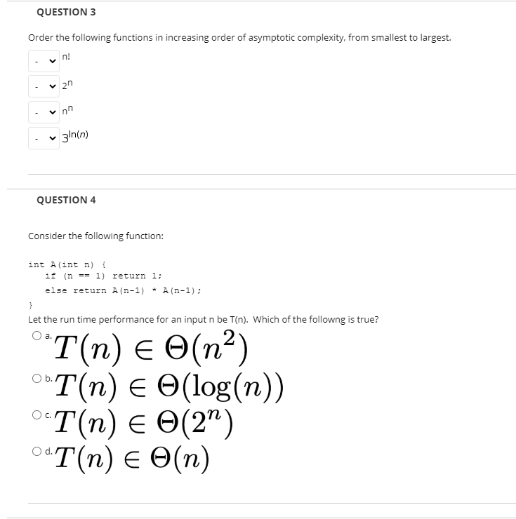 Solved QUESTION 3 Order the following functions in | Chegg.com