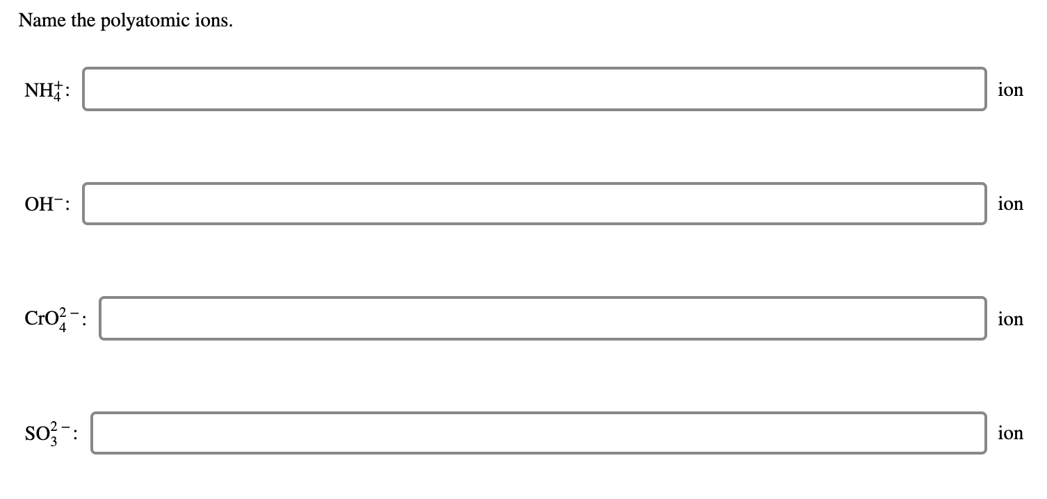 Solved Name the polyatomic ions. NH: ion OH:( ion Cro-: ion | Chegg.com