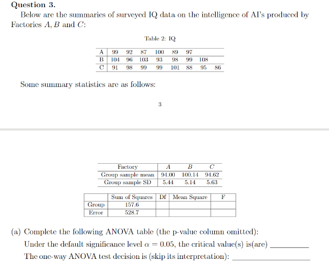 Solved Question 3 . Below are the summaries of surveyed IQ | Chegg.com