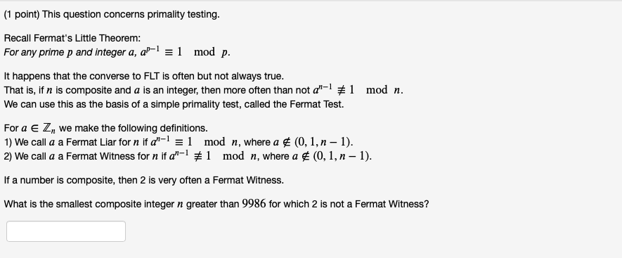 Solved (1 point) This question concerns primality testing. | Chegg.com
