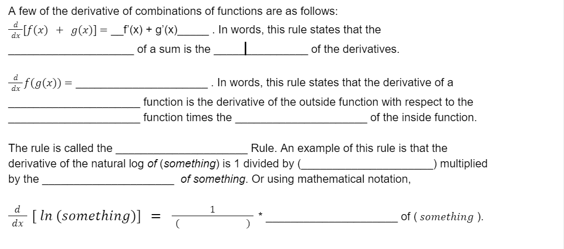 Solved A few of the derivative of combinations of functions | Chegg.com