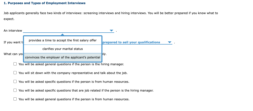 Solved 1. Purposes and Types of Employment Interviews Job | Chegg.com