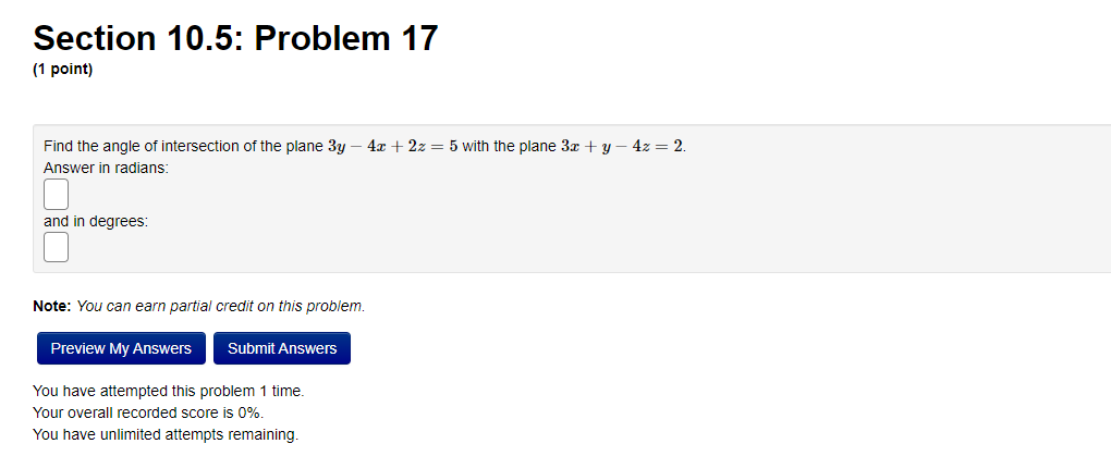 Solved Section 10.5: Problem 17 (1 point) Find the angle of | Chegg.com