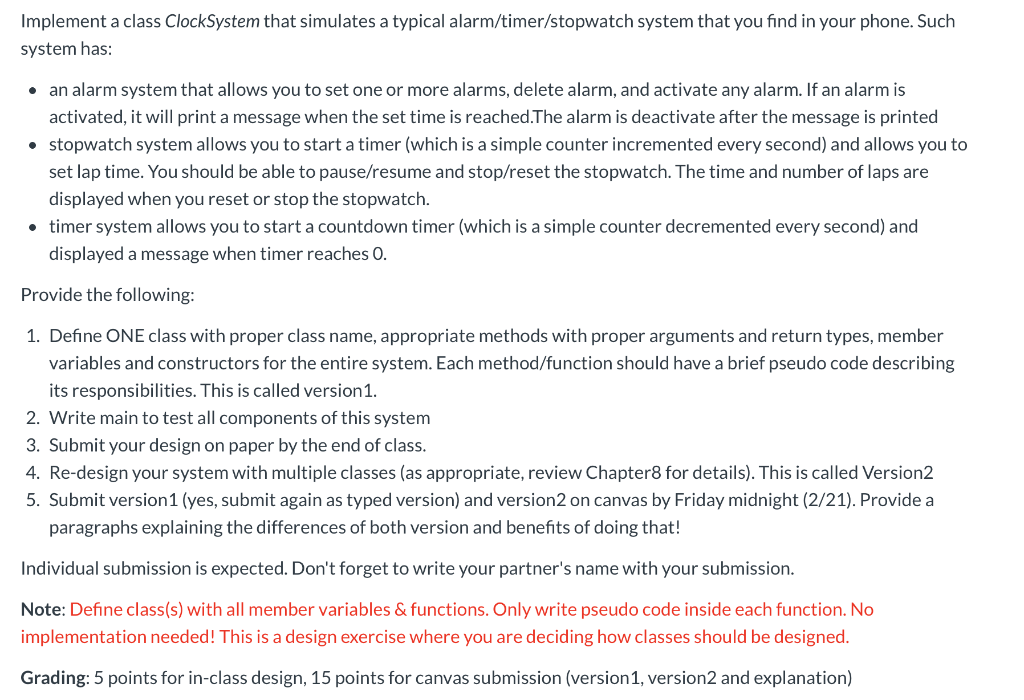 Implement a class ClockSystem that simulates a | Chegg.com