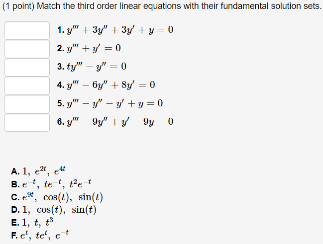 Solved (1 point) Match the third order linear equations with | Chegg.com