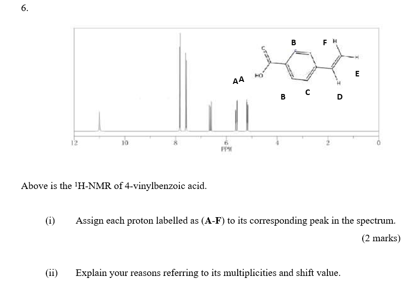 Solved 6. B FH ho E AA с B B 12 10 6 PPU Above is the 1H-NMR | Chegg.com